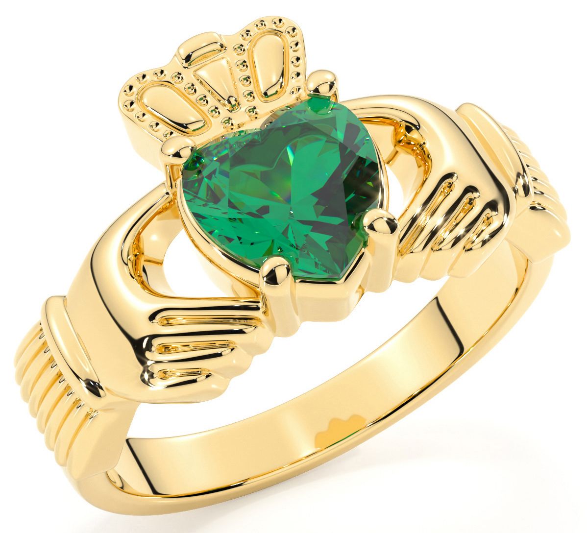Ladies Emerald Gold Claddagh Ring May Birthstone