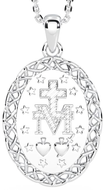 14K White Gold Silver Celtic Miraculous Mary Medal Necklace